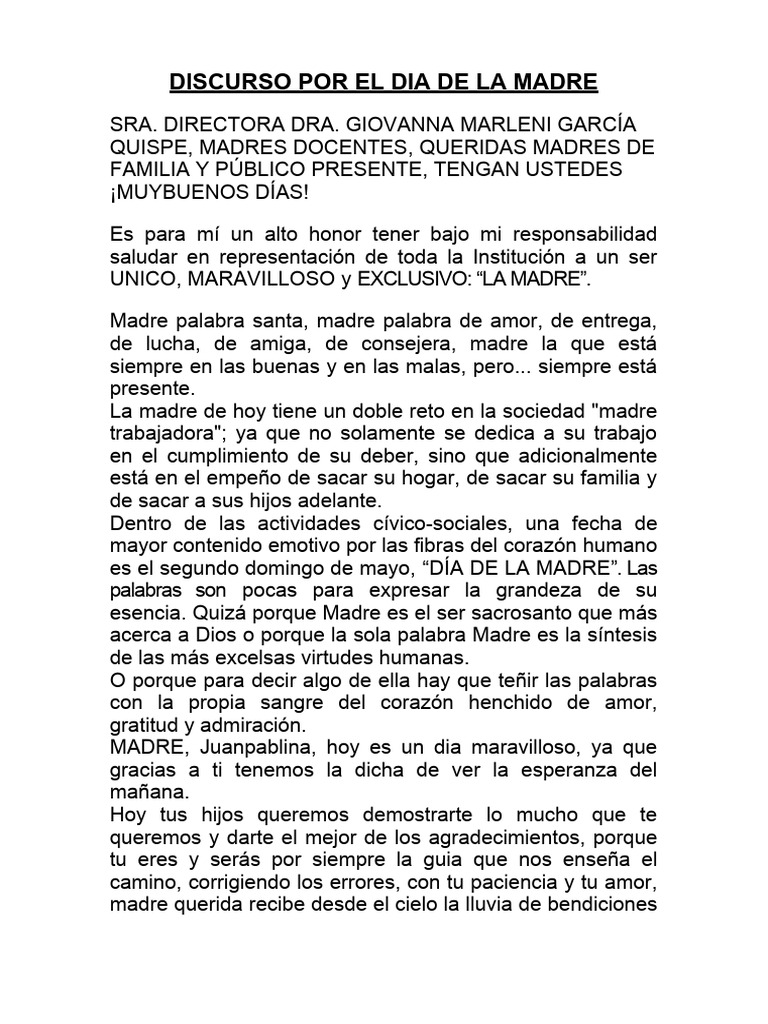 Discurso Por El Dia de La Madre | PDF