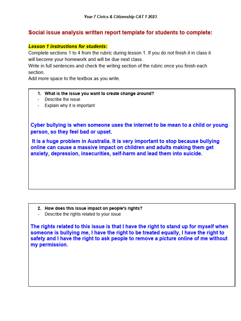 Civics & Citizenship CAT 1 2023 at Standard Written Report Template For ...