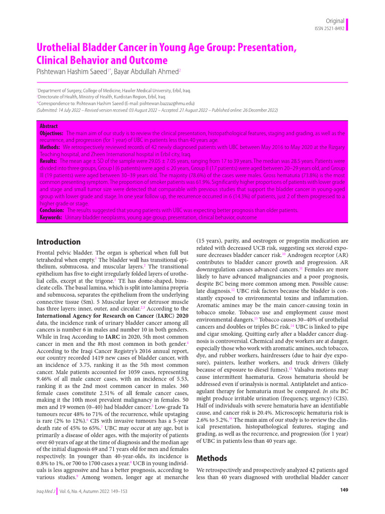 Urothelial Bladder Cancer In Young Age G Pdf Cancer Neoplasms