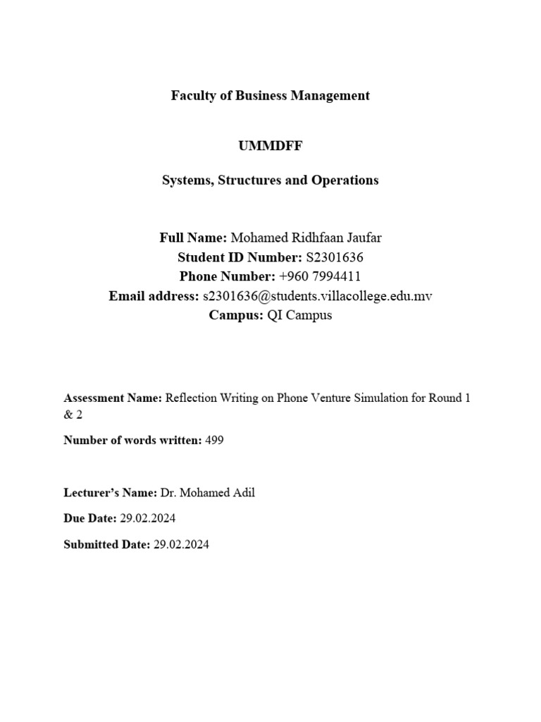 Reflection Writing - Phone Ventures Simulation - Year 2024-2025 | PDF ...