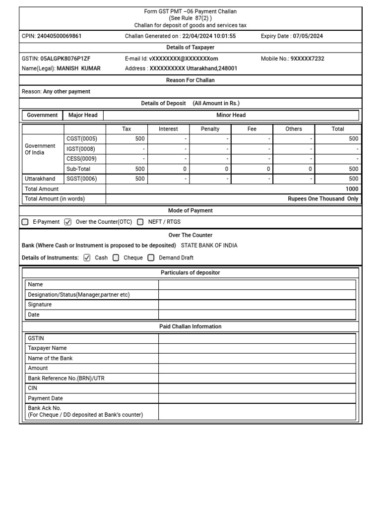 GST PMT-06 Payment Challan Details | PDF | Payments | Taxes