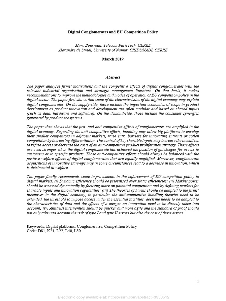 Digital Conglomerates and EU Competition Policy | PDF | Mergers And ...