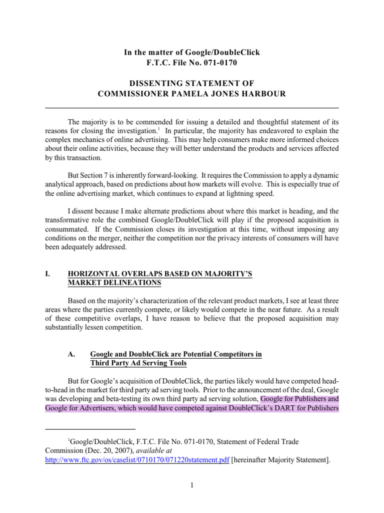 Dissenting Statement of Commissioner Pamela Jones Harbour in Google ...