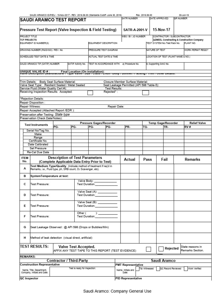 SATR-A-2001V Pressure Test Report (Valve Inspection & Field Testing ...