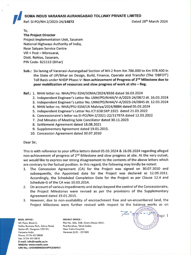 NH2 - 14872 - SIPO - NHAI - DT - 28 - Mar - 2024 - Non-Achievement of ...