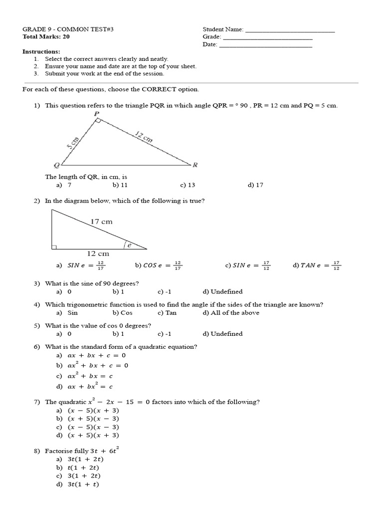 Grade 9 Mathematics Common Test 3 | PDF | Numbers | Equations