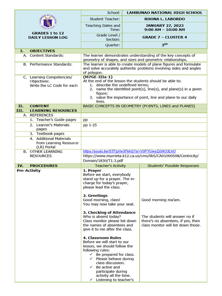Grade 7-Lesson-Plan | PDF | Geometry | Learning