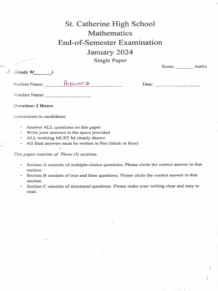 Grade 9 Exam 2024 | PDF