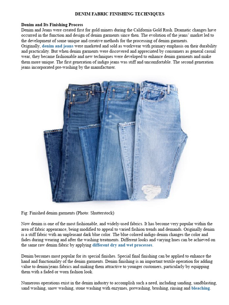 Denim Fabric Finishing Techniques | PDF | Jeans | Textiles