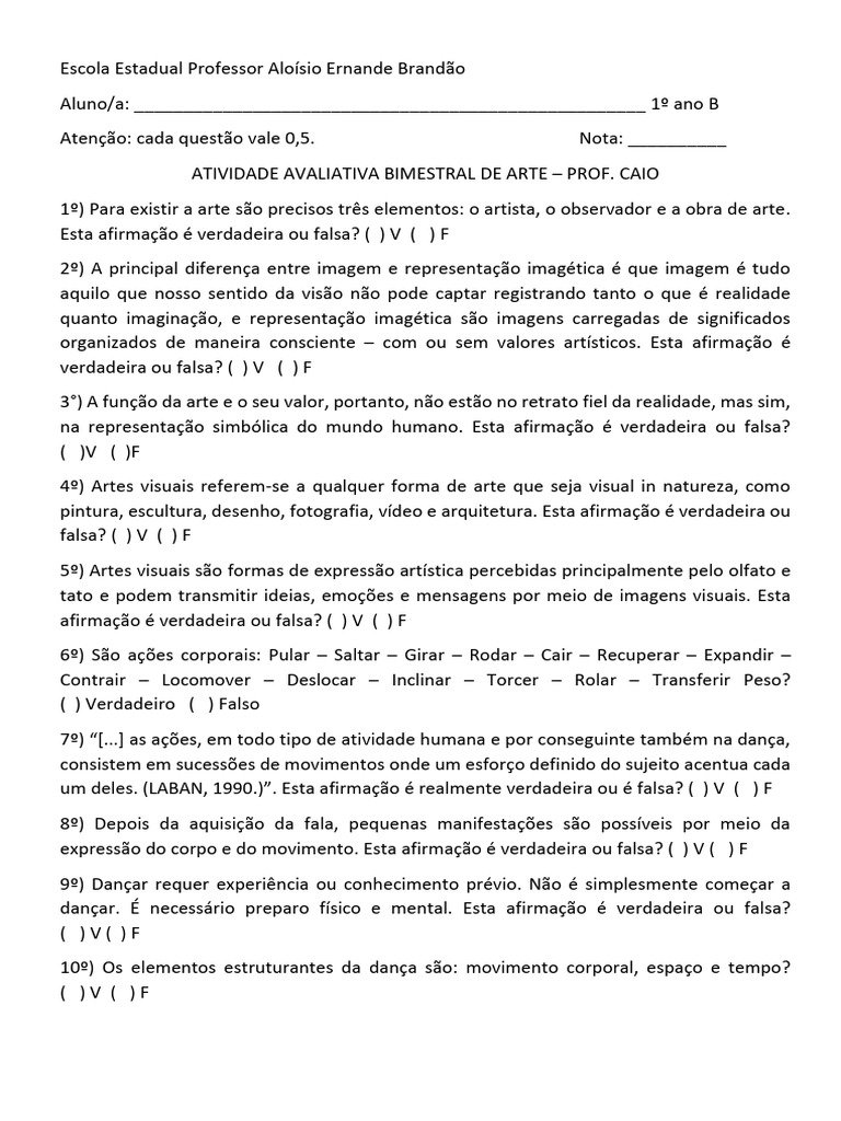 Prova de Arte - 1º Ano B | PDF