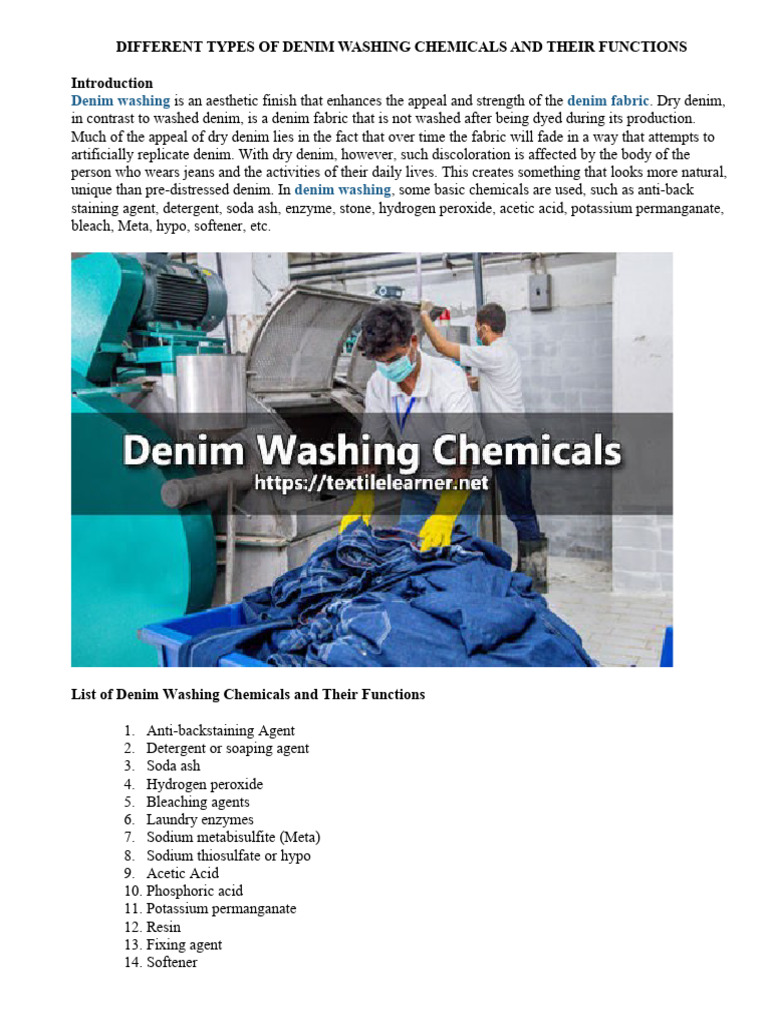 Denim Washing Chemicals Overview | PDF | Bleach | Detergent