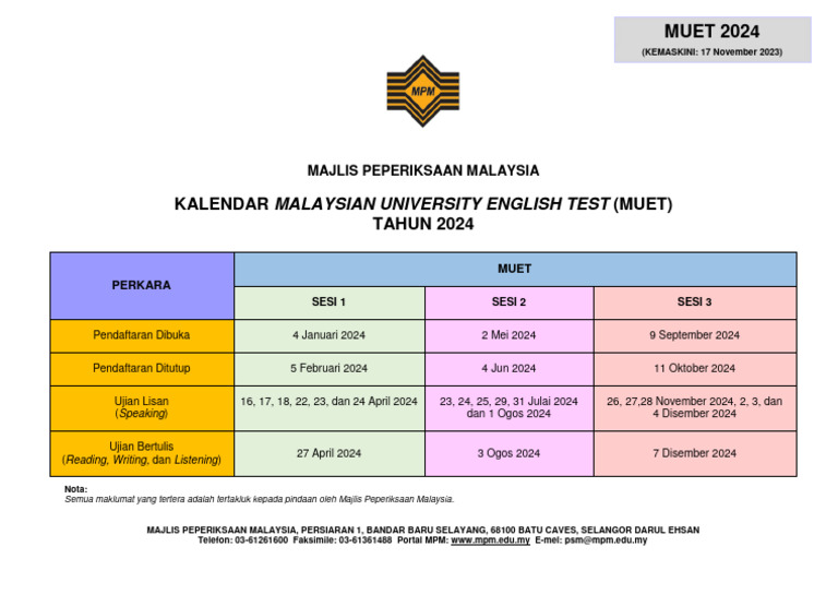 Kalendar MUET Tahun 2024 - Edis 17112023 BM | PDF