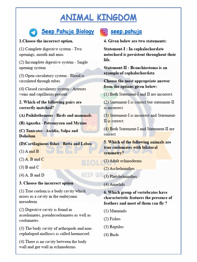 Animal Kingdom Study Guide by Seep Pahuja | PDF | Zoology