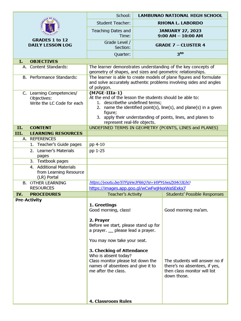 Grade 7-Lesson Plan-Final | PDF | Learning | Geometry