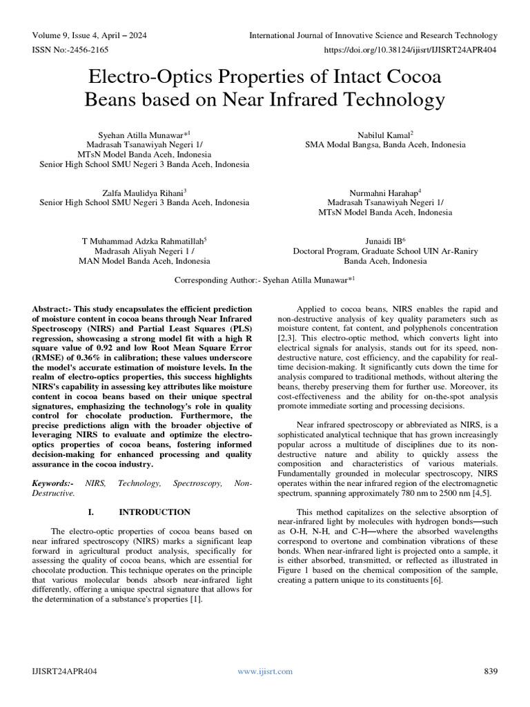 Electro-Optics Properties of Intact Cocoa Beans Based On Near Infrared ...