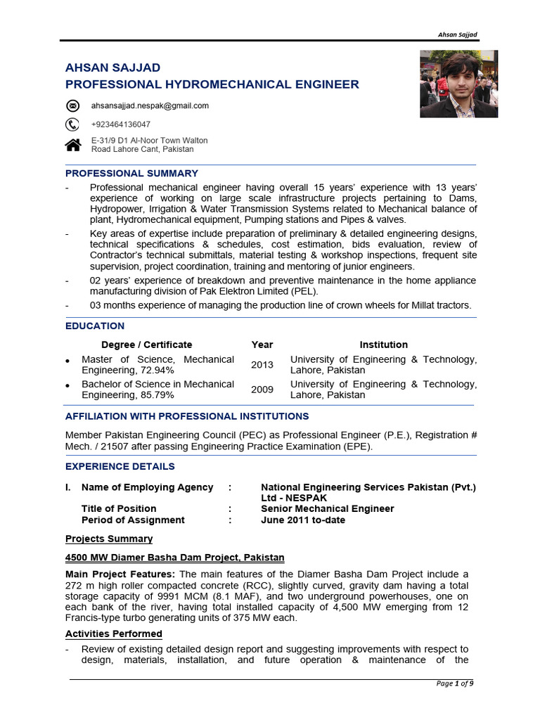 CV Ahsan Sajjad-Hydromechanical Engr. | PDF | Pump | Dam