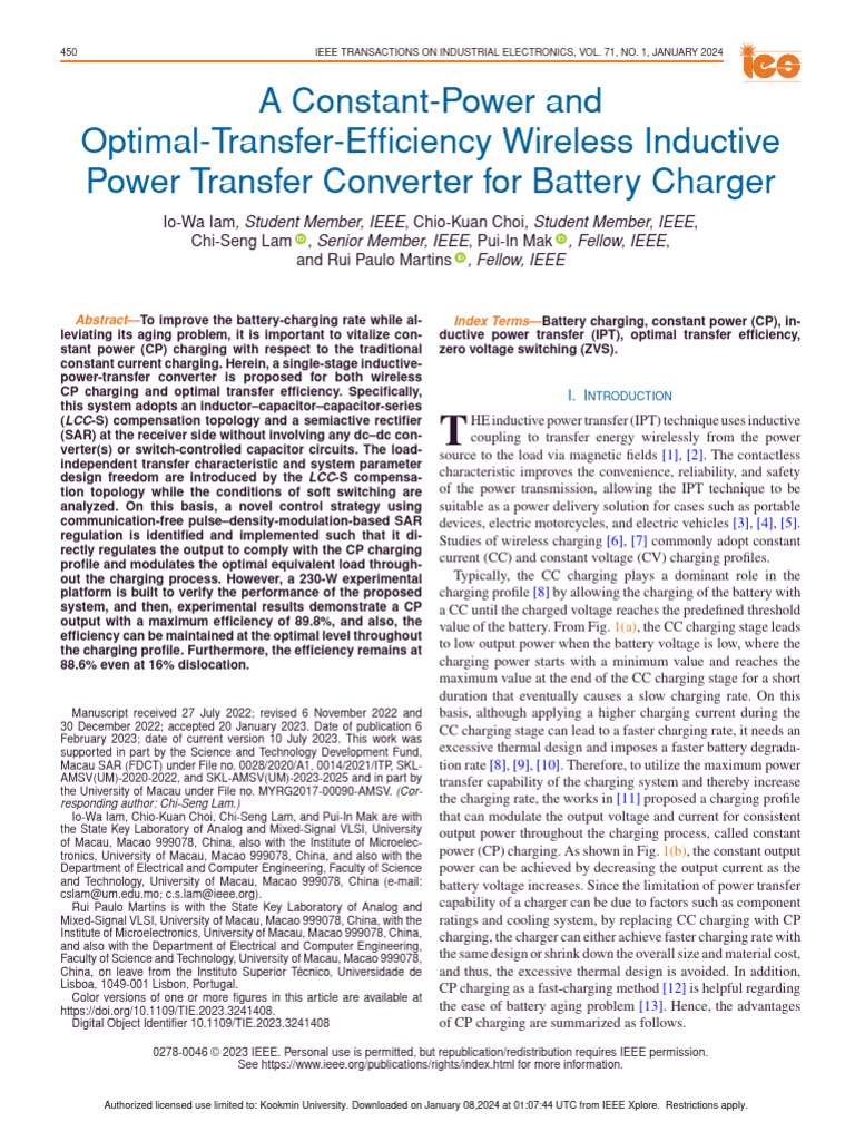A Constant Power And Optimal Transfer Efficiency Wireless Inductive