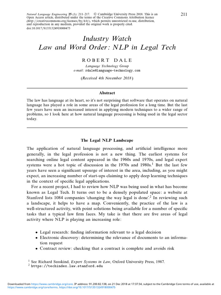 Industry Watch Law and Word Order: NLP in Legal Tech: Robertdale | PDF ...