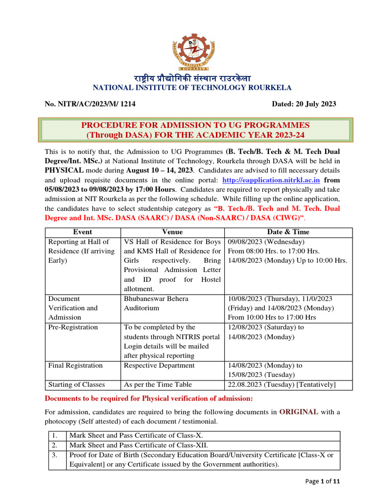 Procedure For Admission To Ug Programmes (Through DASA) FOR THE ...