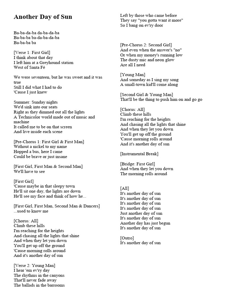 Another Day of Sun - Lyrics | Download Free PDF | Musical Compositions ...