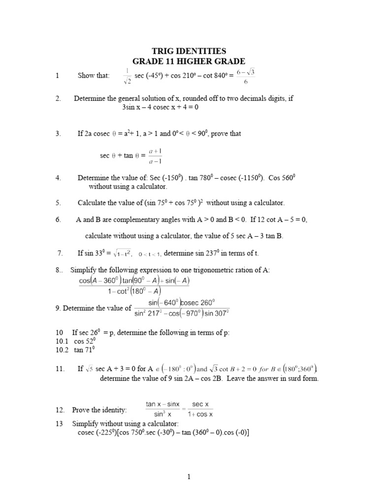 Grade 11 Trig Identities | PDF | Complex Analysis | Mathematical Analysis