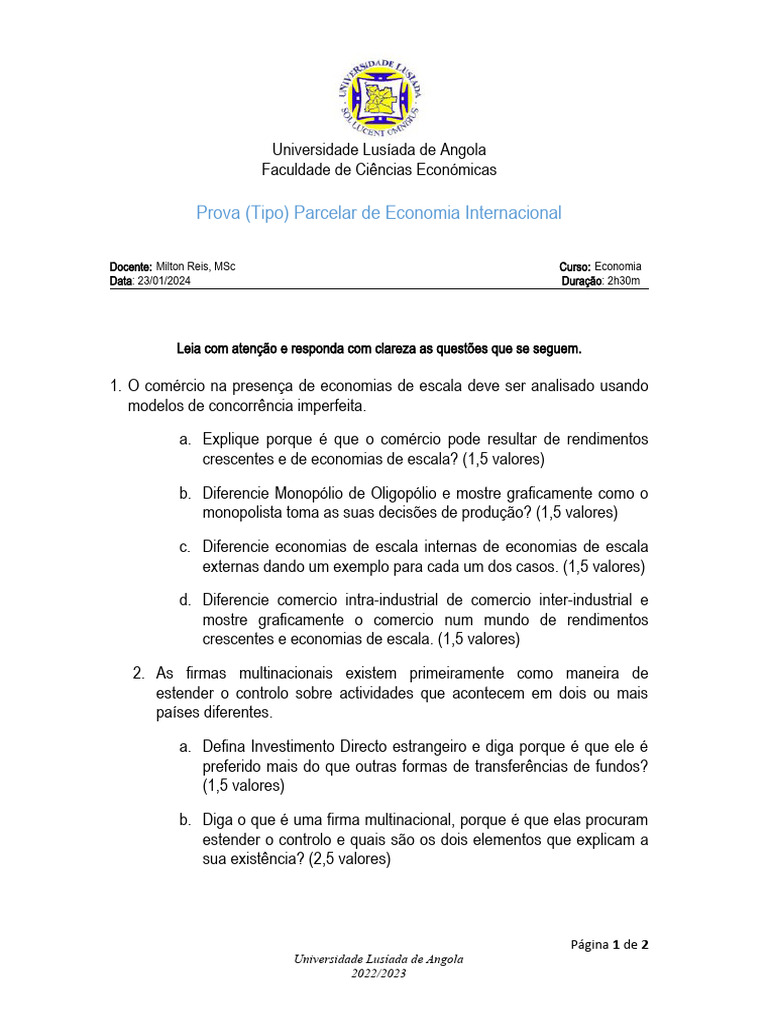 ULA - 2 Parcelar - Prova Tipo de EI - 2024 | PDF | Economia | Monopólio