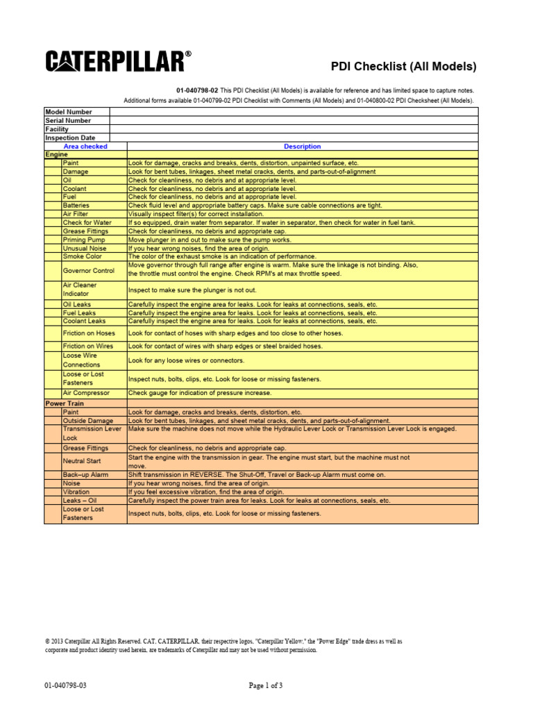 PDI Checklist (All Models) : Description Area Checked | PDF | Vehicles
