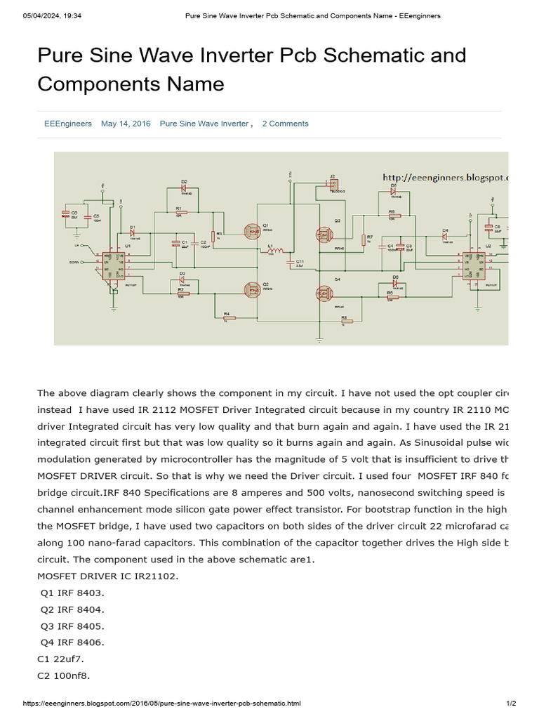 Pure Sine Wave Inverter PCB Schematic and Components Name - EEenginners ...