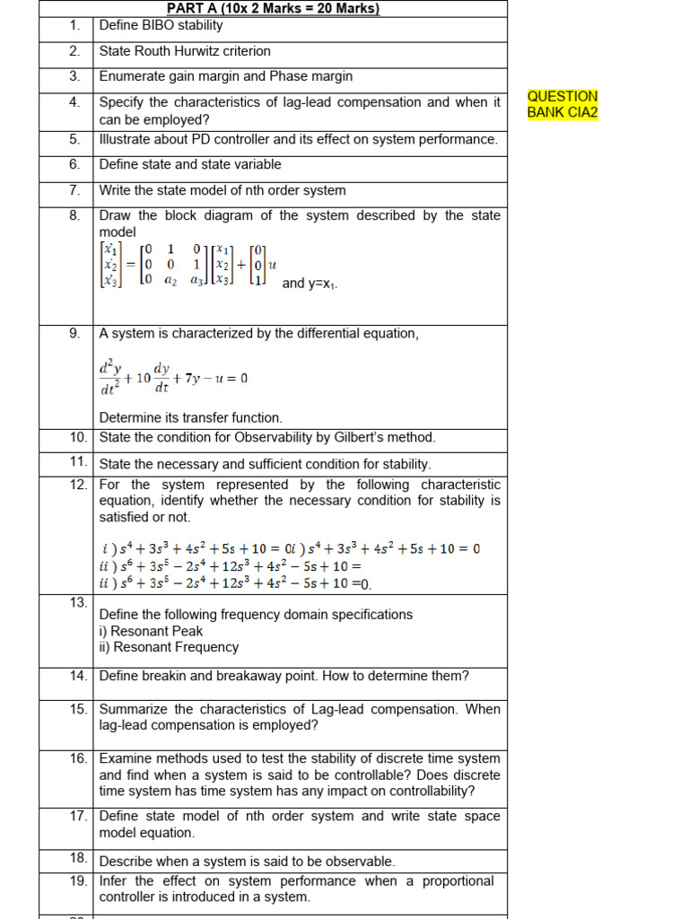 Control Engineering Question Bank Cia2 | PDF | Control Theory | Feedback