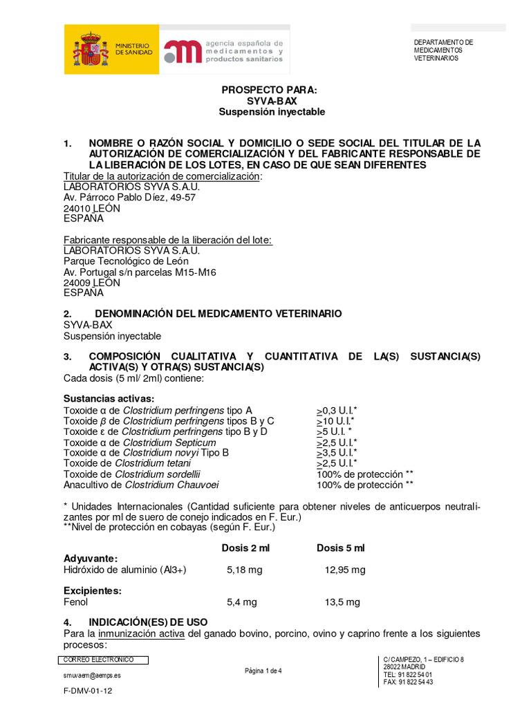 Vacuna Veterinaria SYVA-BAX: Uso y Composición | PDF | Medicamentos con ...