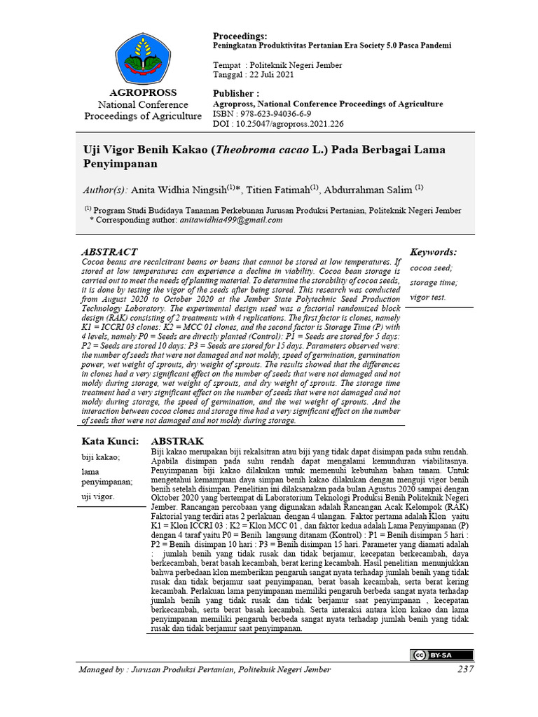 Uji Vigor Benih Kakao Pada Berbagai LamaPenyimpanan | PDF