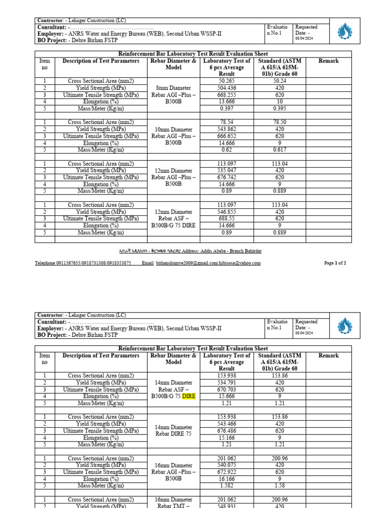 Reinforcement Bar Laboratory Test Result Approval Sheet | PDF ...