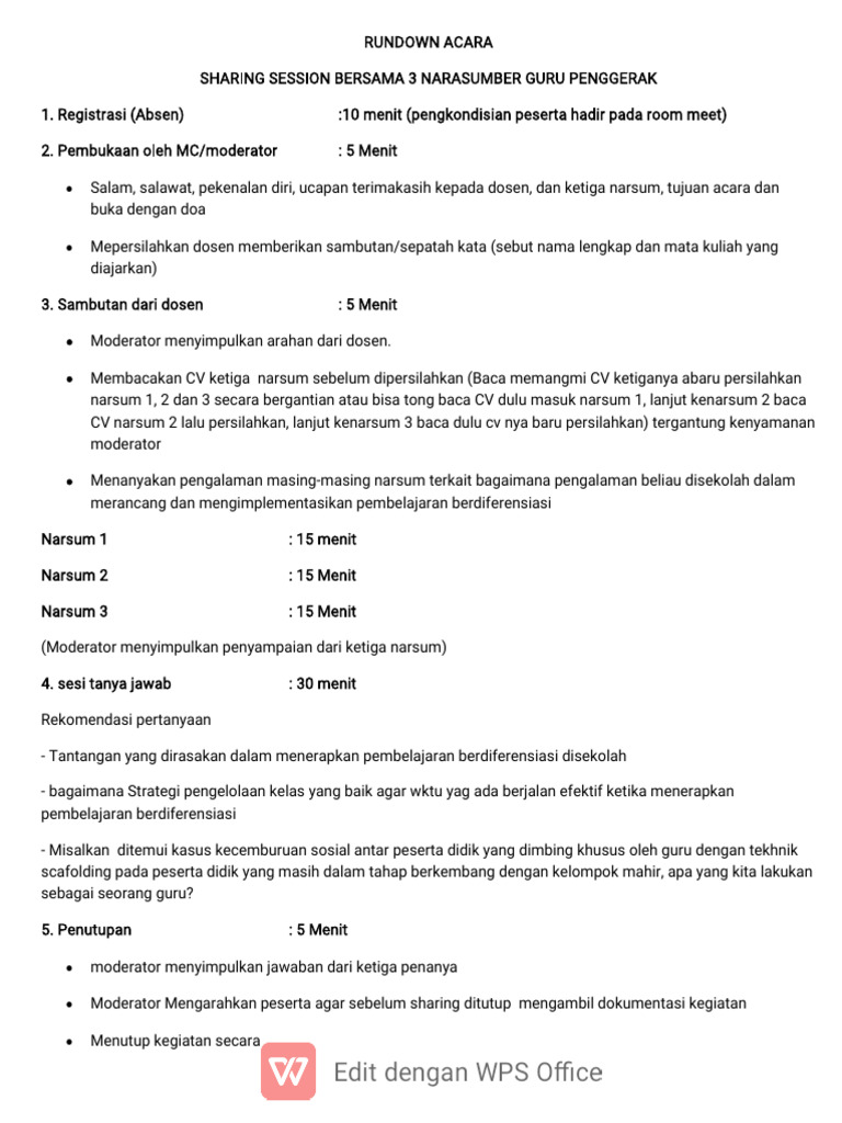 RUNDOWN ACARA SHARING GURU PENGGERAK - WPS Office | PDF