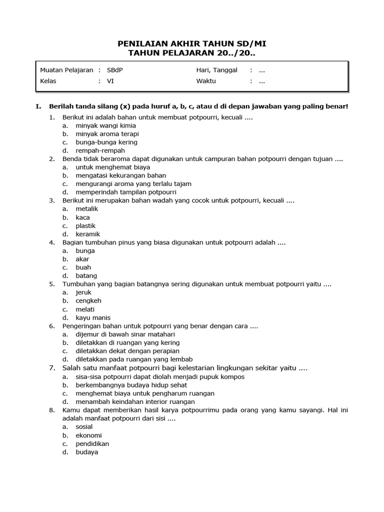 Latihan PAT SBDP Kelas 6 PDF | PDF