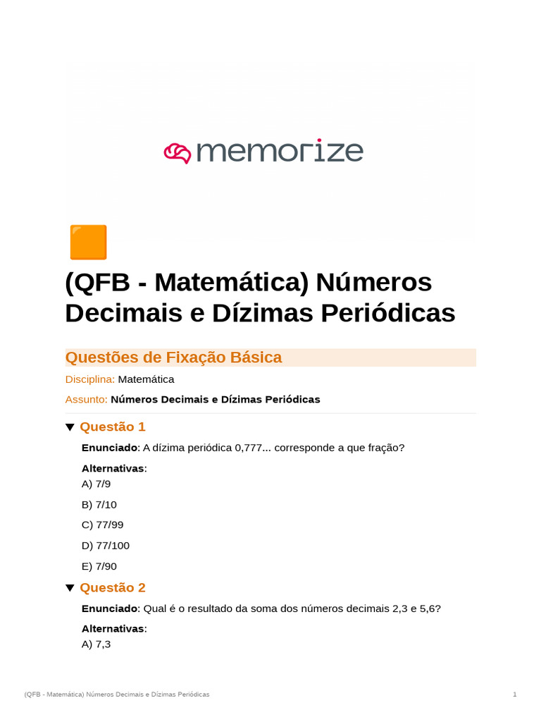 (QBF Matemática) - Números Decimais | PDF | Decimal | Números