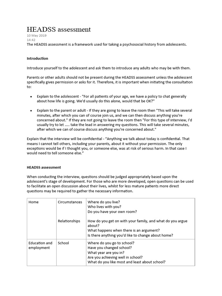 HEADSS Assessment | PDF | Adolescence | Self Harm