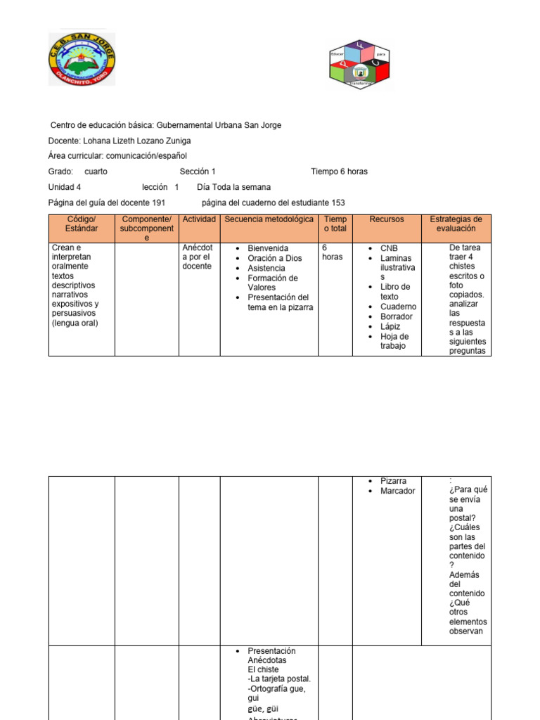Planificacion Español cuarto 1 | PDF