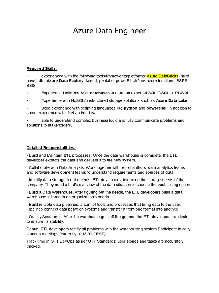 Azure Data Engineer JD | PDF
