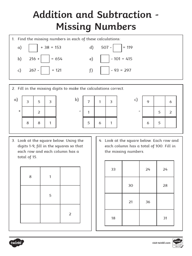 Addition and Subtraction Missing Number Worksheets | PDF | Mathematics ...