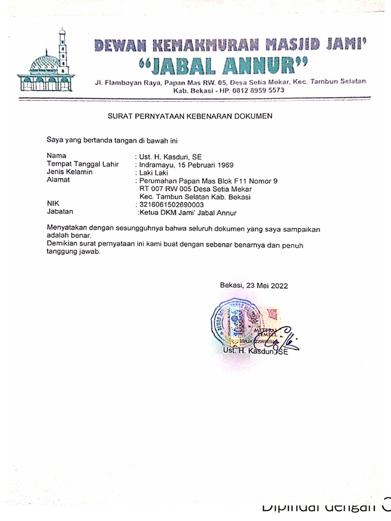 9. Surat pernyataan kebenaran dokumen bermaterai 10000 | PDF