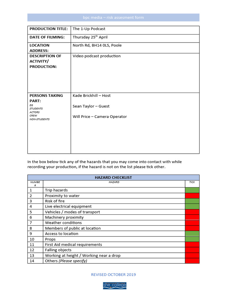 1-Up Podcast Risk Assessment Guide | PDF | Safety