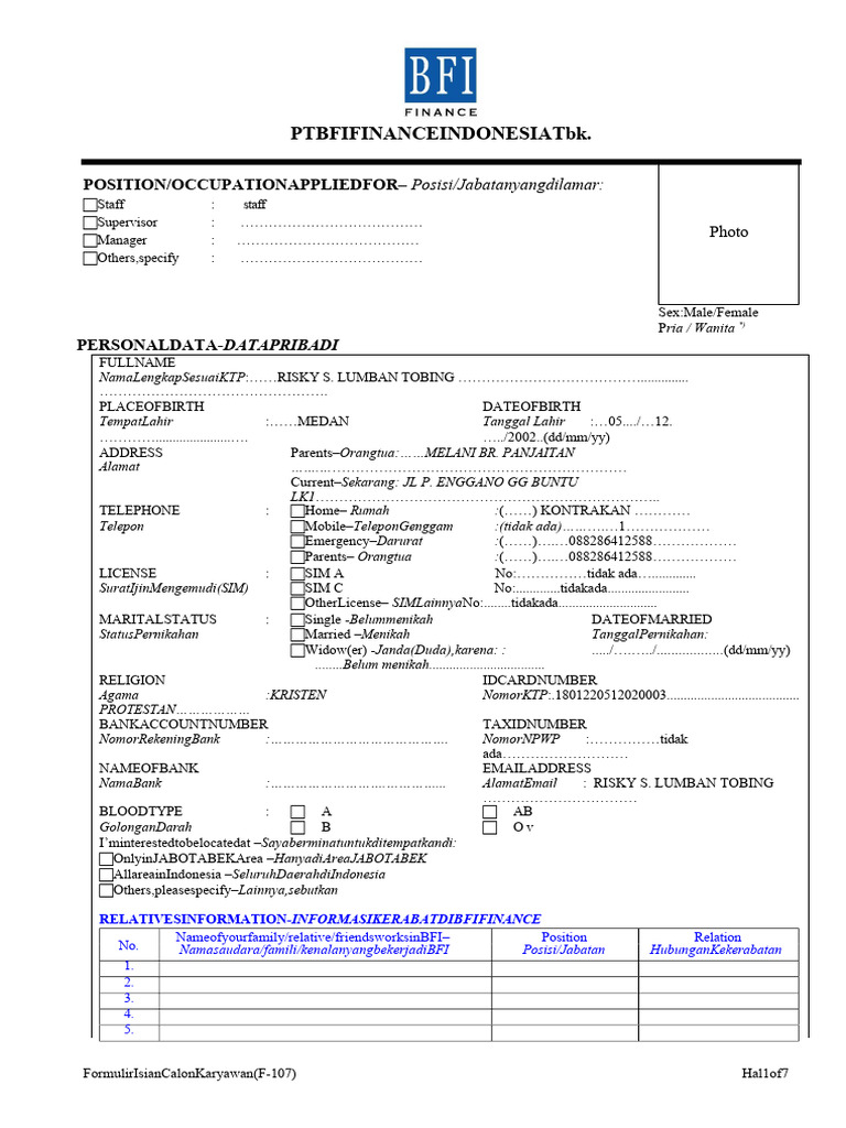 F-107 Form Pengisian Calon Karyawan | PDF