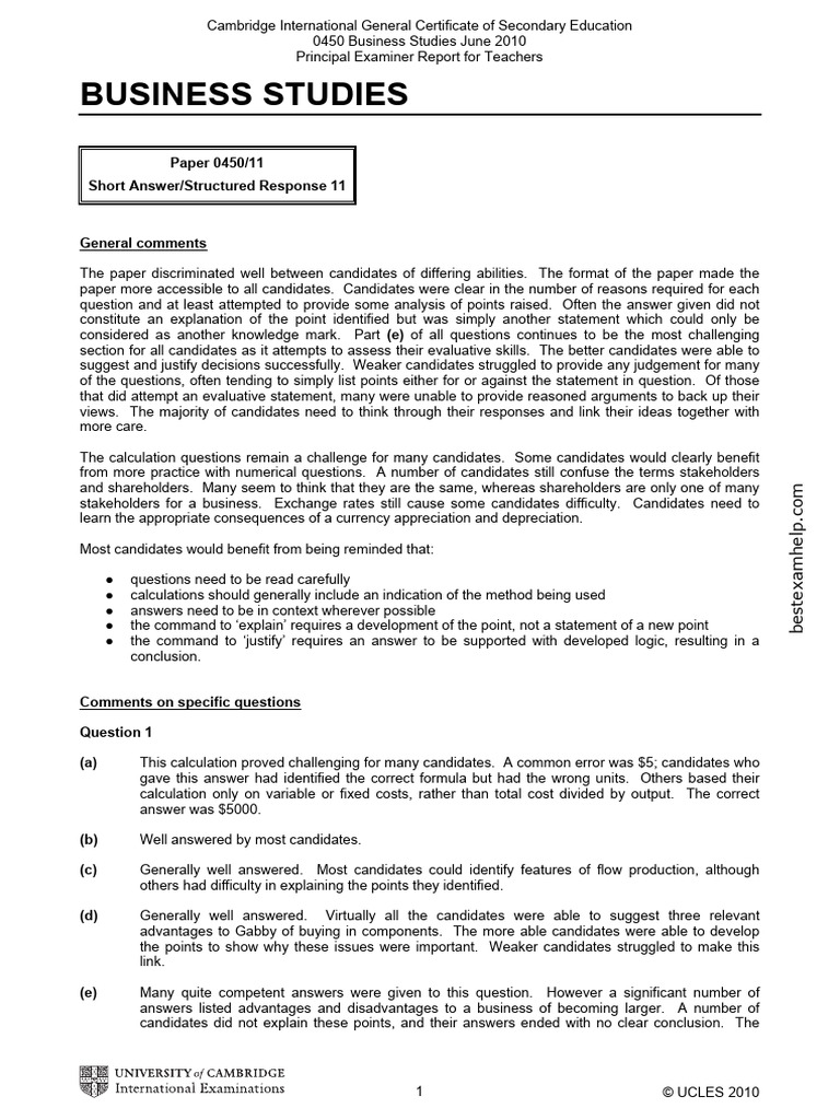Business Studies: Paper 0450/11 Short Answer/Structured Response 11 ...