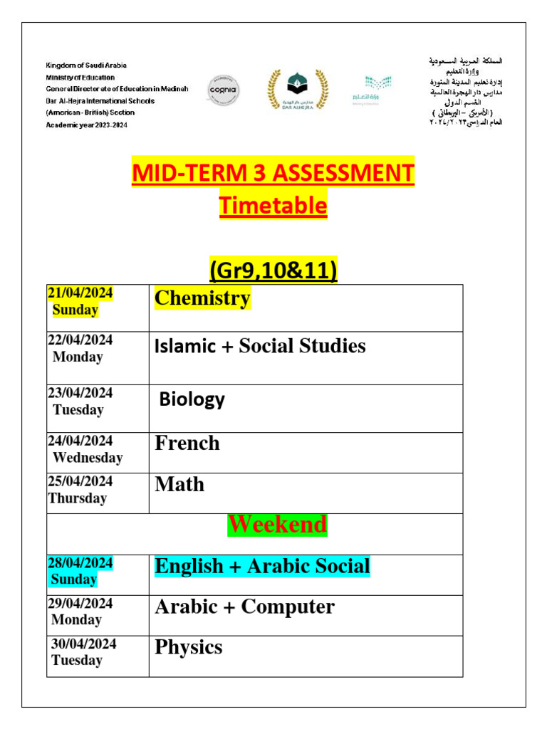 Mid-Term Exam Schedule Gr9-11 | PDF