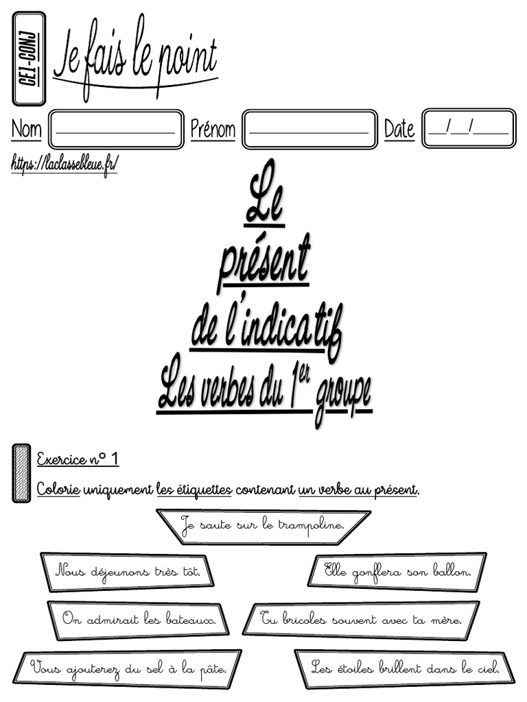 Le Present de Lindicatif Les Verbes Du 1er Groupe CE1 | PDF | Phrase ...