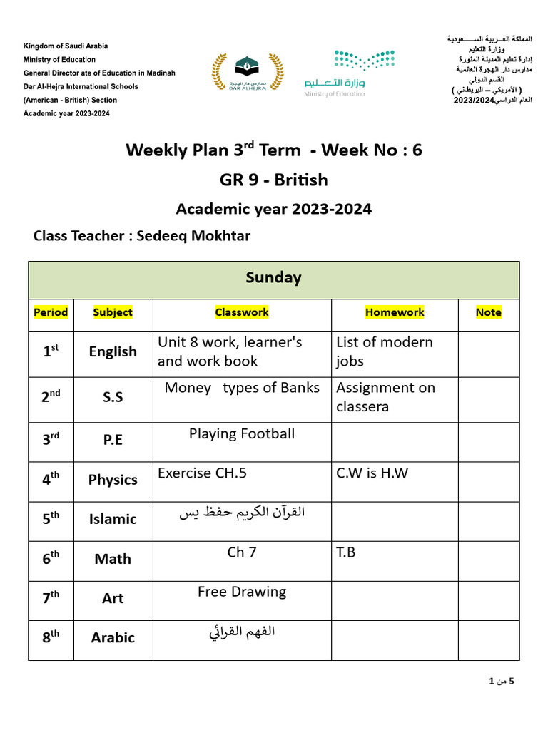 Gr9 British Weekly Plan For Week 6 | PDF