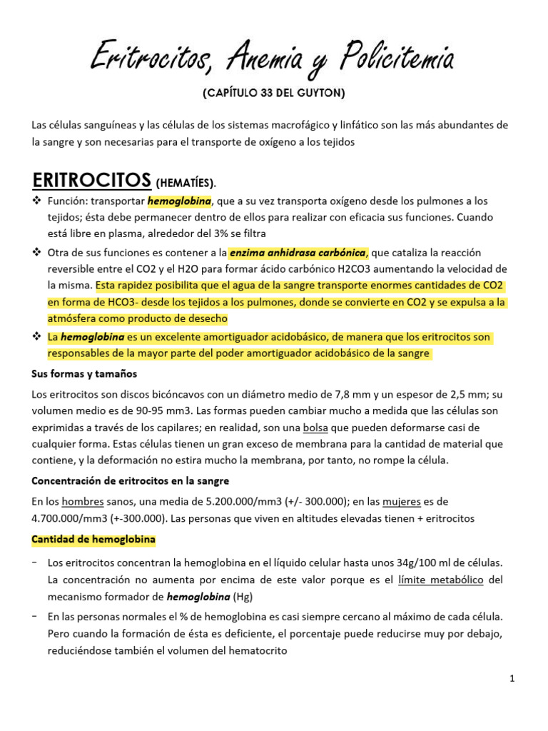 Cap 33 Guyton - Eritrocitos, Anemia y Policitemia | Descargar gratis PDF | Glóbulo rojo | Sangre