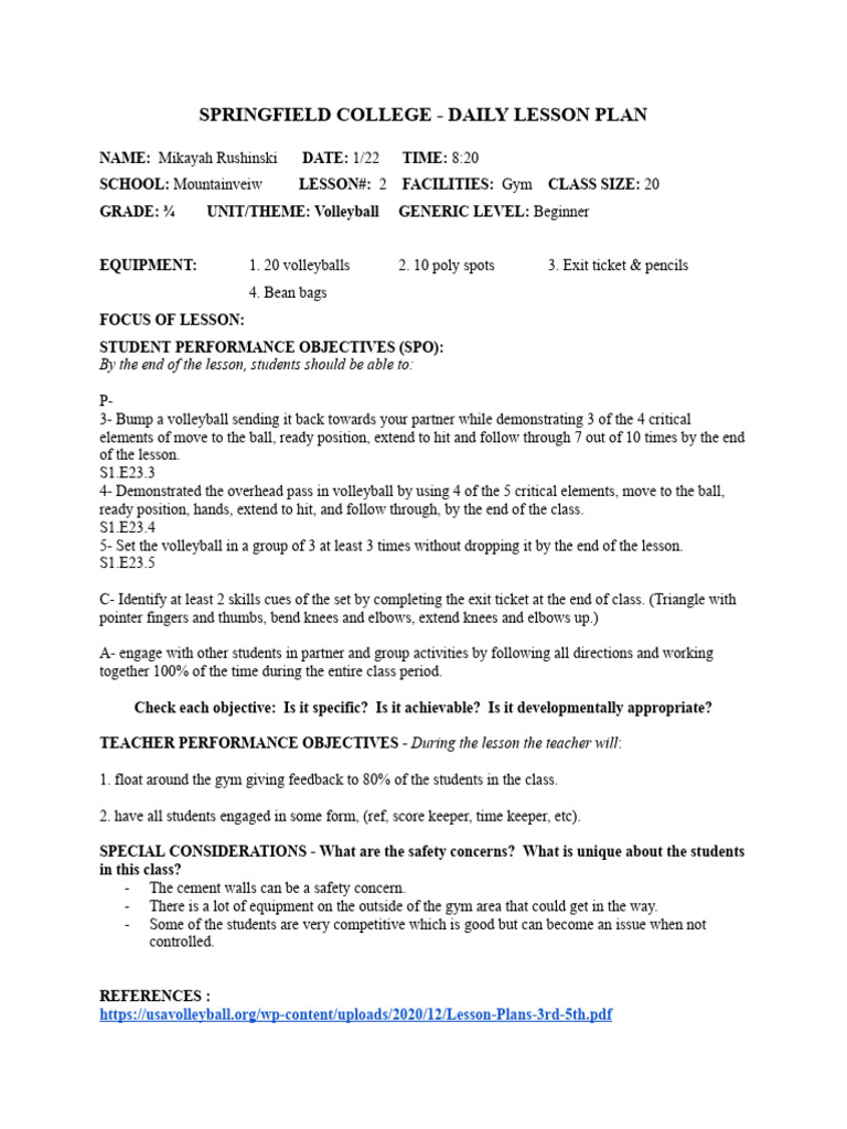 Volleyball Lesson 2 - Mikayah Rushinski | PDF | Volleyball