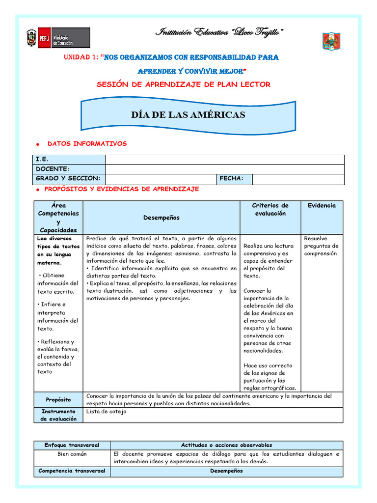 Plan Lector DÍA DE LAS AMERICAS | PDF | Américas | Evaluación