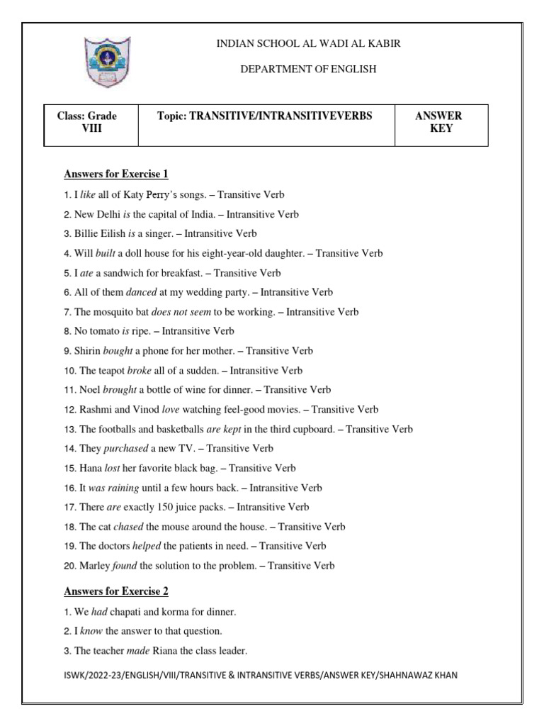 Transitive Intransitive Verbs Viii 2022 23 | PDF | Syntactic ...